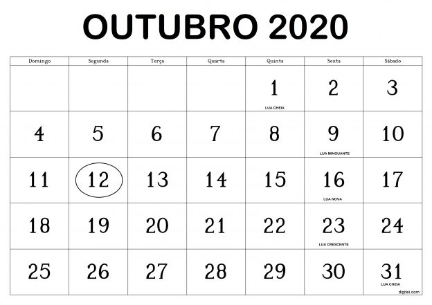 CALENDÁRIO OUTUBRO 2020 COM FERIADOS E FASES DA LUA